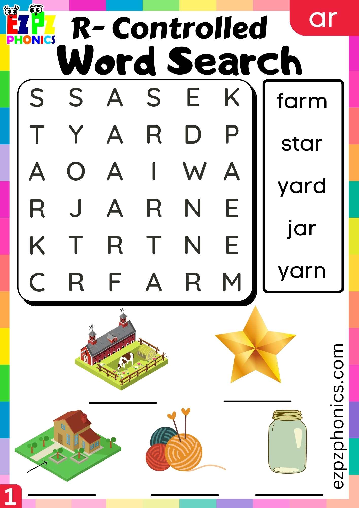 Word search worksheet for ar words R controlled vowels phonics group 1 - ezpzphonics.com
